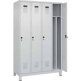 Schwarz-Weiß-Spind Evolo PLUS, schmal, 4 Abteile, Trennwand verkürzt, lichtgrau, B 1200 mm, mit breiten Füßen, Sicherheits-Drehriegel kaiserkraft