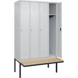 C+P Spind Classic PLUS Sitzbank, 4 Abteile, lichtgrau, B 1200 mm, Zylinderschloss, auskragend, Buche-Hartholz
