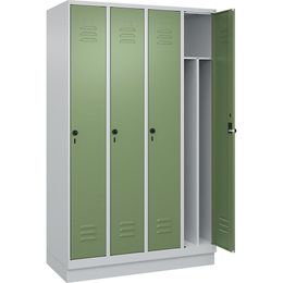 C+P Schwarz-Weiß-Spind Classic PLUS, schmal, 4 Abteile, Trennwand verkürzt, lichtgrau / resedagrün, B 1200 mm, mit Bodensockel, Drehriegel, Trennwand mittig