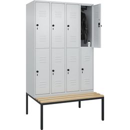 C+P Doppelstock-Spind Classic PLUS Sitzbank, 4 Abteile, lichtgrau, B 1200 mm, Sicherheits-Drehriegel, untergebaut, Buche-Hartholz