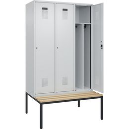 Schwarz-Weiß-Spind Evolo PLUS Sitzbank, schmal, 3 Abteile, Trennwand verkürzt, lichtgrau / lichtgrau, B 1200 mm, Zylinderschloss, mit untergebauter Sitzbank, Buche kaiserkraft