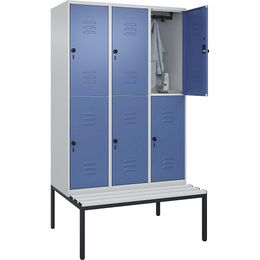 C+P Doppelstock-Spind Classic PLUS Sitzbank, 3 Abteile, lichtgrau / fernblau, B 1200 mm, Sicherheits-Drehriegel, untergebaut, Kunststoff