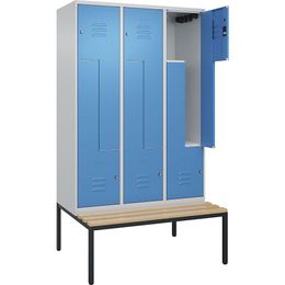 C+P Z-Spind Classic PLUS Sitzbank, 3 Abteile, lichtgrau / lichtblau, B 1200 mm, Zylinderschloss, untergebaut, Buche-Hartholz
