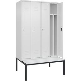 C+P Schwarz-Weiß-Spind Classic PLUS Sitzbank, schmal, 4 Abteile, Trennwand verkürzt, verkehrsweiß, B 1200 mm, Zylinderschloss, untergebaut, Kunststoff