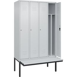 C+P Schwarz-Weiß-Spind Classic PLUS Sitzbank, schmal, 4 Abteile, Trennwand verkürzt, lichtgrau, B 1200 mm, Zylinderschloss, auskragend, Kunststoff