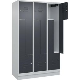 C+P Z-Spind Classic PLUS, 3 Abteile, lichtgrau / grau, B 1200 mm, mit Bodensockel, Zylinderschloss