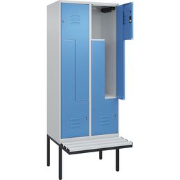 C+P Z-Spind Classic PLUS Sitzbank, 2 Abteile, lichtgrau / lichtblau, B 800 mm, Zylinderschloss, auskragend, Kunststoff