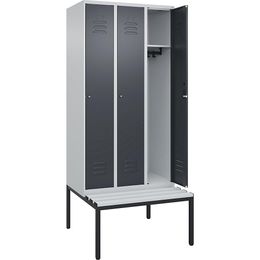 C+P Spind Classic PLUS Sitzbank, 3 Abteile, lichtgrau / grau, B 900 mm, Zylinderschloss, untergebaut, Kunststoff