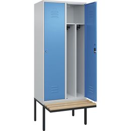 C+P Schwarz-Weiß-Spind Classic PLUS Sitzbank, schmal, 2 Abteile, Trennwand verkürzt, lichtgrau / lichtblau, B 800 mm, Zylinderschloss, auskragend, Buche-Hartholz