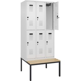 Doppelstock-Spind Evolo PLUS Sitzbank, 3 Abteile, weiß, B 900 mm, Sicherheits-Drehriegel, mit untergebauter Sitzbank, Buche kaiserkraft