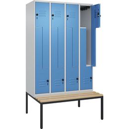 C+P Z-Spind Classic PLUS Sitzbank, 4 Abteile, lichtgrau / lichtblau, B 1200 mm, Sicherheits-Drehriegel, untergebaut, Buche-Hartholz