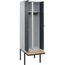 C+P Schwarz-Weiß-Spind Classic PLUS Sitzbank, 1 Abteil, lichtgrau / grau, B 600 mm, Sicherheits-Drehriegel, auskragend, Buche-Hartholz