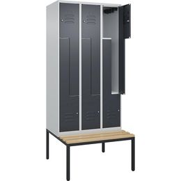 C+P Z-Spind Classic PLUS Sitzbank, 3 Abteile, lichtgrau / grau, B 900 mm, Zylinderschloss, untergebaut, Buche-Hartholz