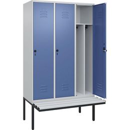 C+P Schwarz-Weiß-Spind Classic PLUS Sitzbank, schmal, 3 Abteile, Trennwand verkürzt, lichtgrau / fernblau, B 1200 mm, Sicherheits-Drehriegel, auskragend, Kunststoff
