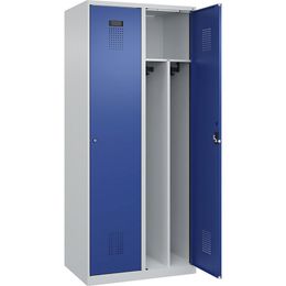 Schwarz-Weiß-Spind Evolo PLUS, schmal, 2 Abteile, Trennwand verkürzt, lichtgrau / enzianblau, B 800 mm, mit Bodengleitern, Zylinderschloss kaiserkraft