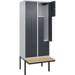 C+P Z-Spind Classic PLUS Sitzbank, 2 Abteile, lichtgrau / grau, B 800 mm, Zylinderschloss, auskragend, Buche-Hartholz