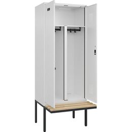 Schwarz-Weiß-Spind Evolo PLUS Sitzbank, 2 Abteile, Trennwand verkürzt, weiß, B 800 mm, Zylinderschloss, mit auskragender Sitzbank, Buche kaiserkraft