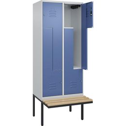 C+P Z-Spind Classic PLUS Sitzbank, 2 Abteile, lichtgrau / fernblau, B 800 mm, Zylinderschloss, auskragend, Buche-Hartholz