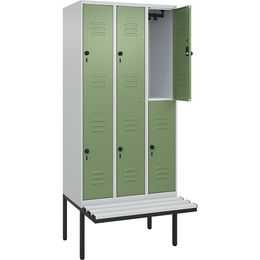 C+P Doppelstock-Spind Classic PLUS Sitzbank, 3 Abteile, lichtgrau / resedagrün, B 900 mm, Sicherheits-Drehriegel, auskragend, Kunststoff