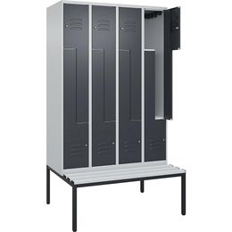 C+P Z-Spind Classic PLUS Sitzbank, 4 Abteile, lichtgrau / grau, B 1200 mm, Zylinderschloss, untergebaut, Kunststoff