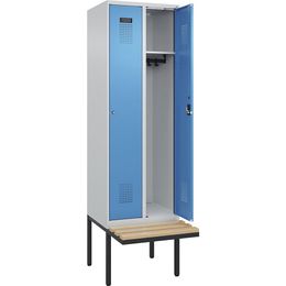 Spind Evolo PLUS Sitzbank, 2 Abteile, lichtgrau / lichtblau, B 600 mm, Zylinderschloss, mit auskragender Sitzbank, Buche kaiserkraft