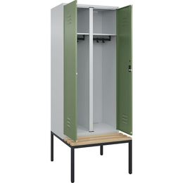C+P Schwarz-Weiß-Spind Classic PLUS Sitzbank, 1 Abteil, lichtgrau / resedagrün, B 800 mm, Zylinderschloss, untergebaut, Buche-Hartholz