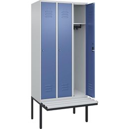 C+P Spind Classic PLUS Sitzbank, 3 Abteile, lichtgrau / fernblau, B 900 mm, Zylinderschloss, auskragend, Kunststoff