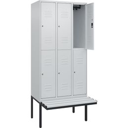 C+P Doppelstock-Spind Classic PLUS Sitzbank, 3 Abteile, lichtgrau, B 900 mm, Zylinderschloss, auskragend, Kunststoff