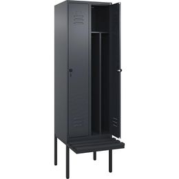 C+P Schwarz-Weiß-Spind Classic PLUS Sitzbank, schmal, 2 Abteile, Trennwand verkürzt, grau, B 600 mm, Sicherheits-Drehriegel, auskragend, Kunststoff
