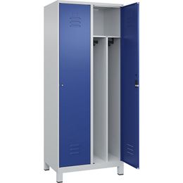 C+P Schwarz-Weiß-Spind Classic PLUS, schmal, 2 Abteile, Trennwand verkürzt, lichtgrau / enzianblau, B 800 mm, mit Füßen, Zylinderschloss, Trennwand mittig