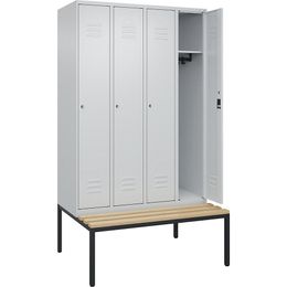 C+P Spind Classic PLUS Sitzbank, 4 Abteile, lichtgrau, B 1200 mm, Zylinderschloss, untergebaut, Buche-Hartholz