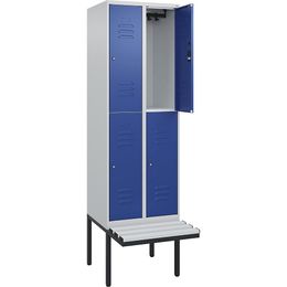 C+P Doppelstock-Spind Classic PLUS Sitzbank, 2 Abteile, lichtgrau / enzianblau, B 600 mm, Zylinderschloss, auskragend, Kunststoff