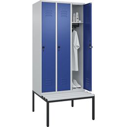 C+P Spind Classic PLUS Sitzbank, 3 Abteile, lichtgrau / enzianblau, B 900 mm, Sicherheits-Drehriegel, untergebaut, Kunststoff