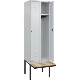 C+P Spind Classic PLUS Sitzbank, 2 Abteile, lichtgrau, B 600 mm, Zylinderschloss, auskragend, Buche-Hartholz