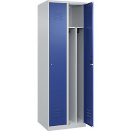 C+P Schwarz-Weiß-Spind Classic PLUS, schmal, 2 Abteile, Trennwand verkürzt, lichtgrau / enzianblau, B 600 mm, mit Bodengleitern, Zylinderschloss, Trennwand mittig