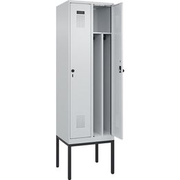 Schwarz-Weiß-Spind Evolo PLUS, schmal, 2 Abteile, Trennwand verkürzt, lichtgrau, B 600 mm, mit schmalen Füßen, Sicherheits-Drehriegel kaiserkraft