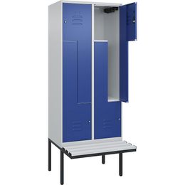 C+P Z-Spind Classic PLUS Sitzbank, 2 Abteile, lichtgrau / enzianblau, B 800 mm, Zylinderschloss, auskragend, Kunststoff