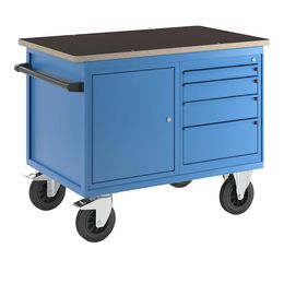 eurokraft pro Montagewagen, 1 Schrank, 1 Schubladenschrank, Korpus und Fronten lichtblau, Multiplex-Arbeitsplatte
