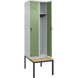 C+P Spind Classic PLUS Sitzbank, 2 Abteile, lichtgrau / resedagrün, B 600 mm, Sicherheits-Drehriegel, untergebaut, Buche-Hartholz