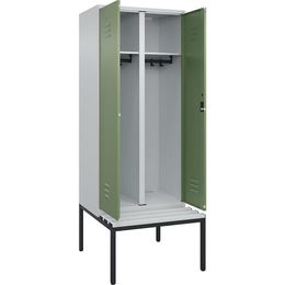 C+P Schwarz-Weiß-Spind Classic PLUS Sitzbank, 1 Abteil, lichtgrau / resedagrün, B 800 mm, Zylinderschloss, untergebaut, Kunststoff