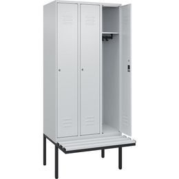 C+P Spind Classic PLUS Sitzbank, 3 Abteile, lichtgrau, B 900 mm, Zylinderschloss, auskragend, Kunststoff