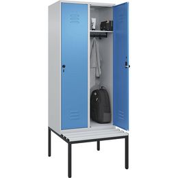 C+P Spind Classic PLUS Sitzbank, 2 Abteile, lichtgrau / lichtblau, B 800 mm, Sicherheits-Drehriegel, untergebaut, Kunststoff