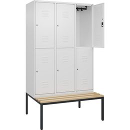 C+P Doppelstock-Spind Classic PLUS Sitzbank, 3 Abteile, verkehrsweiß, B 1200 mm, Zylinderschloss, untergebaut, Buche-Hartholz