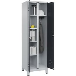 C+P Putzmittelspind Classic PLUS, 1 Abteil, Trennwand mittig, lichtgrau / grau, B 600 mm, mit Füßen, Drehriegel