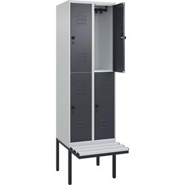 C+P Doppelstock-Spind Classic PLUS Sitzbank, 2 Abteile, lichtgrau / grau, B 600 mm, Sicherheits-Drehriegel, auskragend, Kunststoff