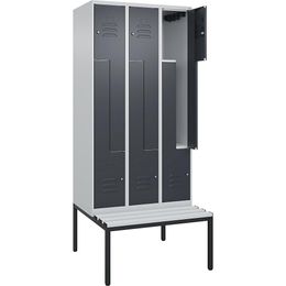 C+P Z-Spind Classic PLUS Sitzbank, 3 Abteile, lichtgrau / grau, B 900 mm, Zylinderschloss, untergebaut, Kunststoff
