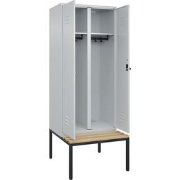 C+P Schwarz-Weiß-Spind Classic PLUS Sitzbank, 1 Abteil, lichtgrau, B 800 mm, Sicherheits-Drehriegel, untergebaut, Buche-Hartholz