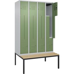 C+P Z-Spind Classic PLUS Sitzbank, 4 Abteile, lichtgrau / resedagrün, B 1200 mm, Zylinderschloss, untergebaut, Buche-Hartholz