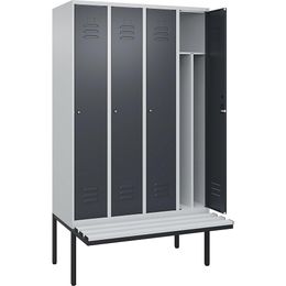 C+P Schwarz-Weiß-Spind Classic PLUS Sitzbank, schmal, 4 Abteile, Trennwand verkürzt, lichtgrau / grau, B 1200 mm, Zylinderschloss, auskragend, Kunststoff