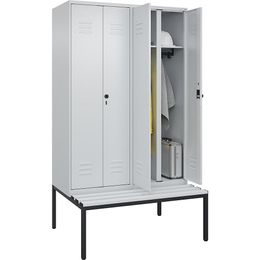 C+P Schwarz-Weiß-Spind Classic PLUS Sitzbank, 2 Abteile, lichtgrau, B 1200 mm, Sicherheits-Drehriegel, untergebaut, Kunststoff